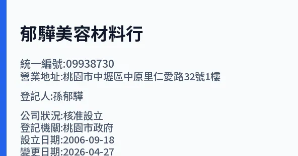 郁驊美容材料行的照片-統編 09938730(桃園市) 公司登記資料與營業項目詳細圖表