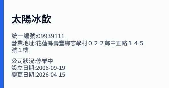 太陽冰飲的照片-統編 09939111(花蓮縣) 公司登記資料與營業項目詳細圖表