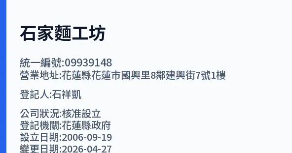 石家麵工坊的照片-統編 09939148(花蓮縣) 公司登記資料與營業項目詳細圖表