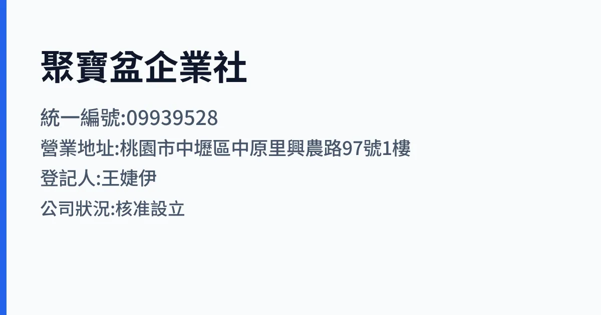 聚寶盆企業社 - 統編 09939528(桃園市) 公司登記資料與營業項目詳細圖表