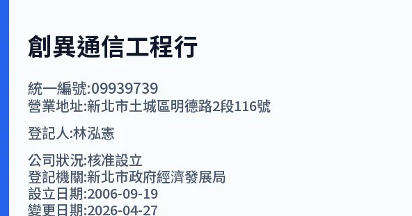 創異通信工程行的照片-統編 09939739(新北市) 公司登記資料與營業項目詳細圖表