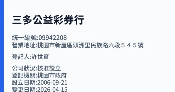 三多公益彩券行的照片-統編 09942208(桃園市) 公司登記資料與營業項目詳細圖表
