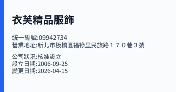 衣芙精品服飾的照片-統編 09942734(新北市) 公司登記資料與營業項目詳細圖表