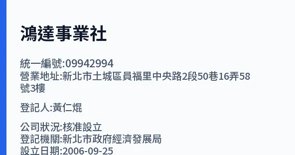 鴻達事業社的照片-統編 09942994(新北市) 公司登記資料與營業項目詳細圖表