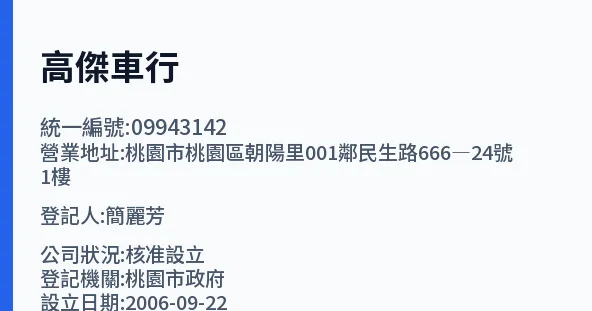 高傑車行的照片-統編 09943142(桃園市) 公司登記資料與營業項目詳細圖表