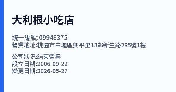 大利根小吃店的照片-統編 09943375(桃園市) 公司登記資料與營業項目詳細圖表