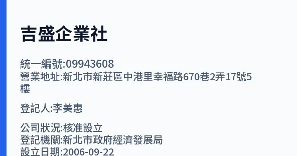 吉盛企業社的照片-統編 09943608(新北市) 公司登記資料與營業項目詳細圖表