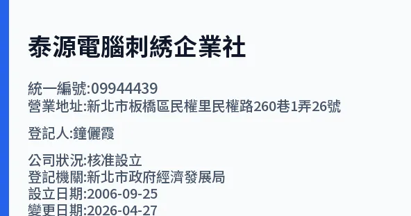 泰源電腦刺綉企業社的照片-統編 09944439(新北市) 公司登記資料與營業項目詳細圖表