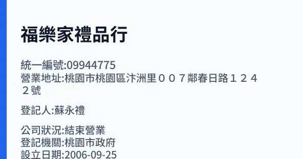 福樂家禮品行的照片-統編 09944775(桃園市) 公司登記資料與營業項目詳細圖表