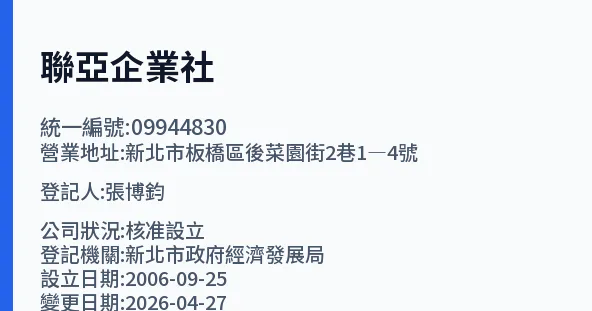 聯亞企業社的照片-統編 09944830(新北市) 公司登記資料與營業項目詳細圖表