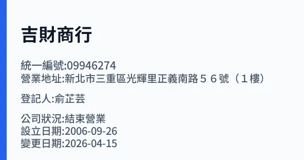 吉財商行的照片-統編 09946274(新北市) 公司登記資料與營業項目詳細圖表