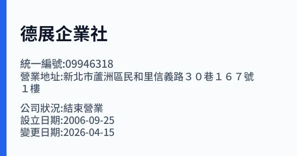 德展企業社的照片-統編 09946318(新北市) 公司登記資料與營業項目詳細圖表