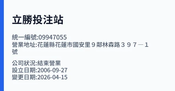 立勝投注站的照片-統編 09947055(花蓮縣) 公司登記資料與營業項目詳細圖表