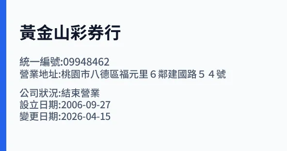 黃金山彩券行的照片-統編 09948462(桃園市) 公司登記資料與營業項目詳細圖表