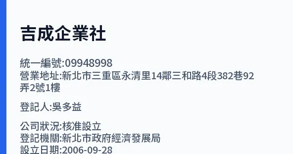 吉成企業社的照片-統編 09948998(新北市) 公司登記資料與營業項目詳細圖表