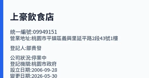上豪飲食店的照片-統編 09949151(桃園市) 公司登記資料與營業項目詳細圖表