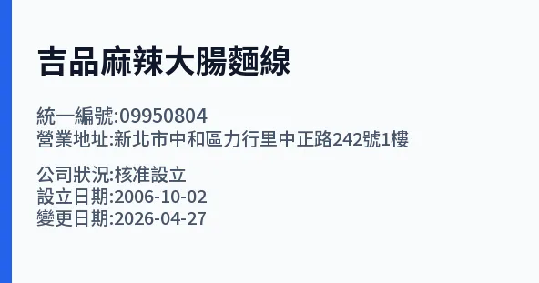 吉品麻辣大腸麵線的照片-統編 09950804(新北市) 公司登記資料與營業項目詳細圖表