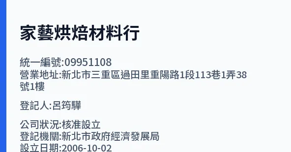 家藝烘焙材料行的照片-統編 09951108(新北市) 公司登記資料與營業項目詳細圖表