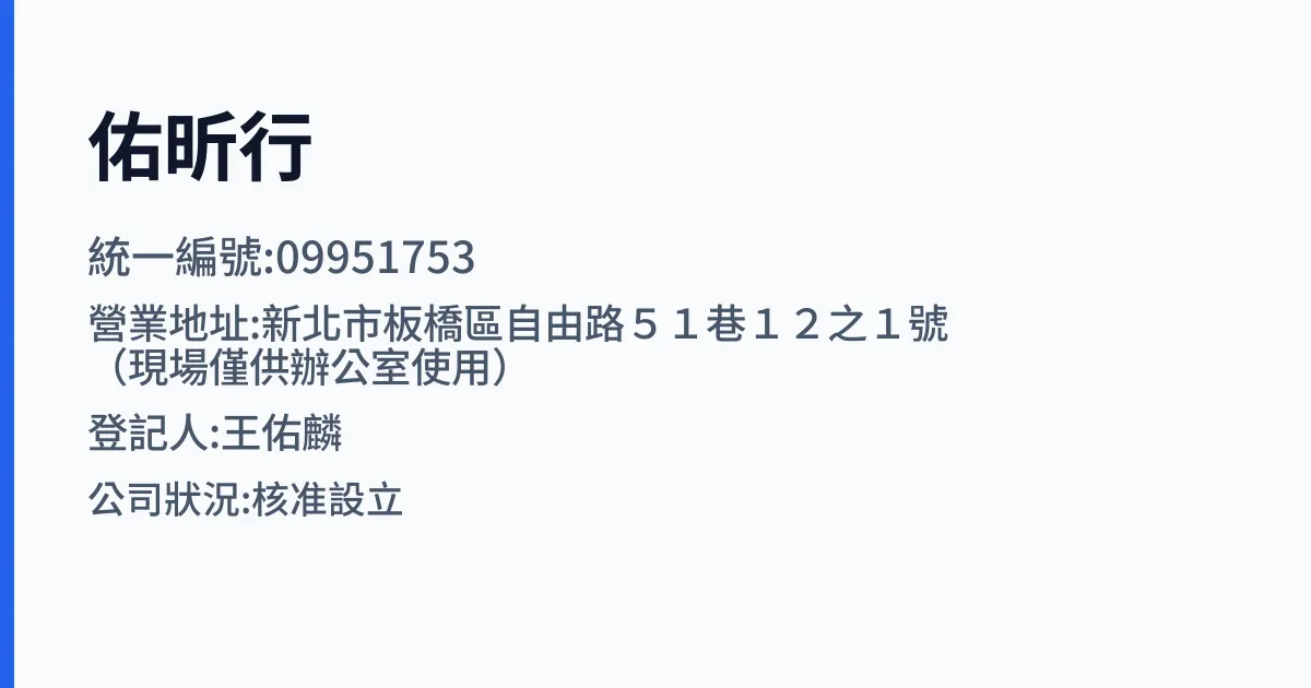 佑昕行 - 統編 09951753(新北市) 公司登記資料與營業項目詳細圖表