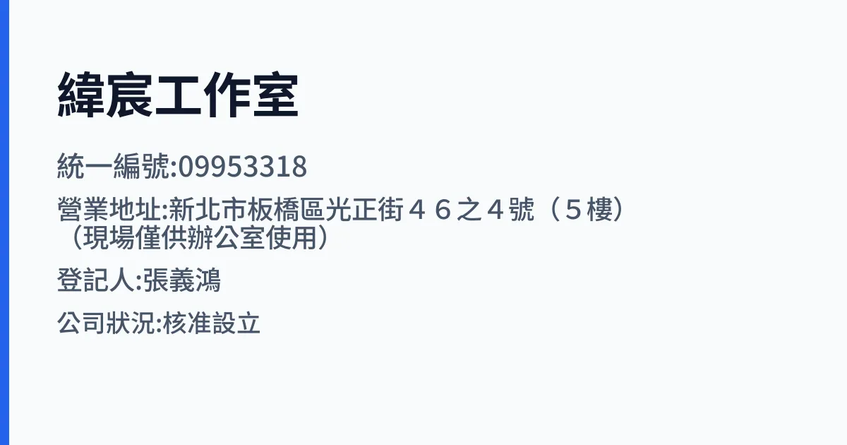 緯宸工作室 - 統編 09953318(新北市) 公司登記資料與營業項目詳細圖表
