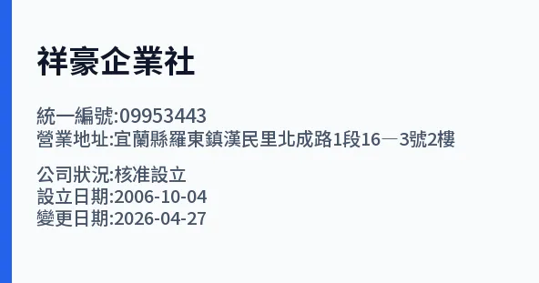 祥豪企業社的照片-統編 09953443(宜蘭縣) 公司登記資料與營業項目詳細圖表
