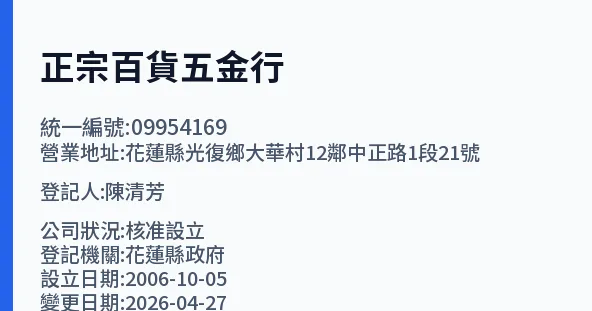 正宗百貨五金行的照片-統編 09954169(花蓮縣) 公司登記資料與營業項目詳細圖表