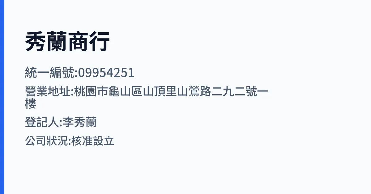 秀蘭商行 - 統編 09954251(桃園市) 公司登記資料與營業項目詳細圖表