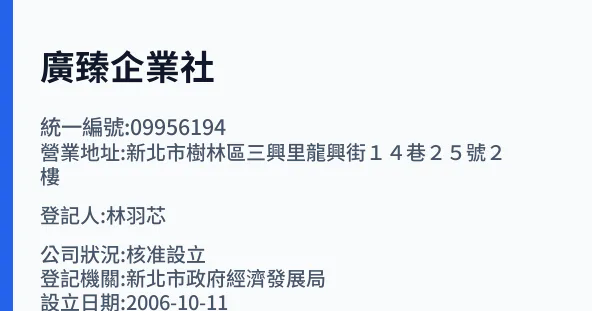 廣臻企業社的照片-統編 09956194(新北市) 公司登記資料與營業項目詳細圖表