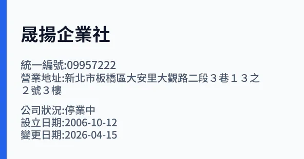 晟揚企業社的照片-統編 09957222(新北市) 公司登記資料與營業項目詳細圖表