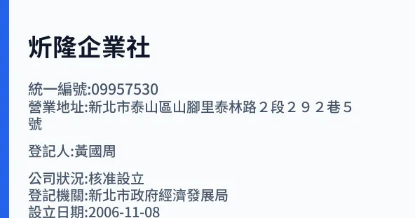 炘隆企業社的照片-統編 09957530(新北市) 公司登記資料與營業項目詳細圖表