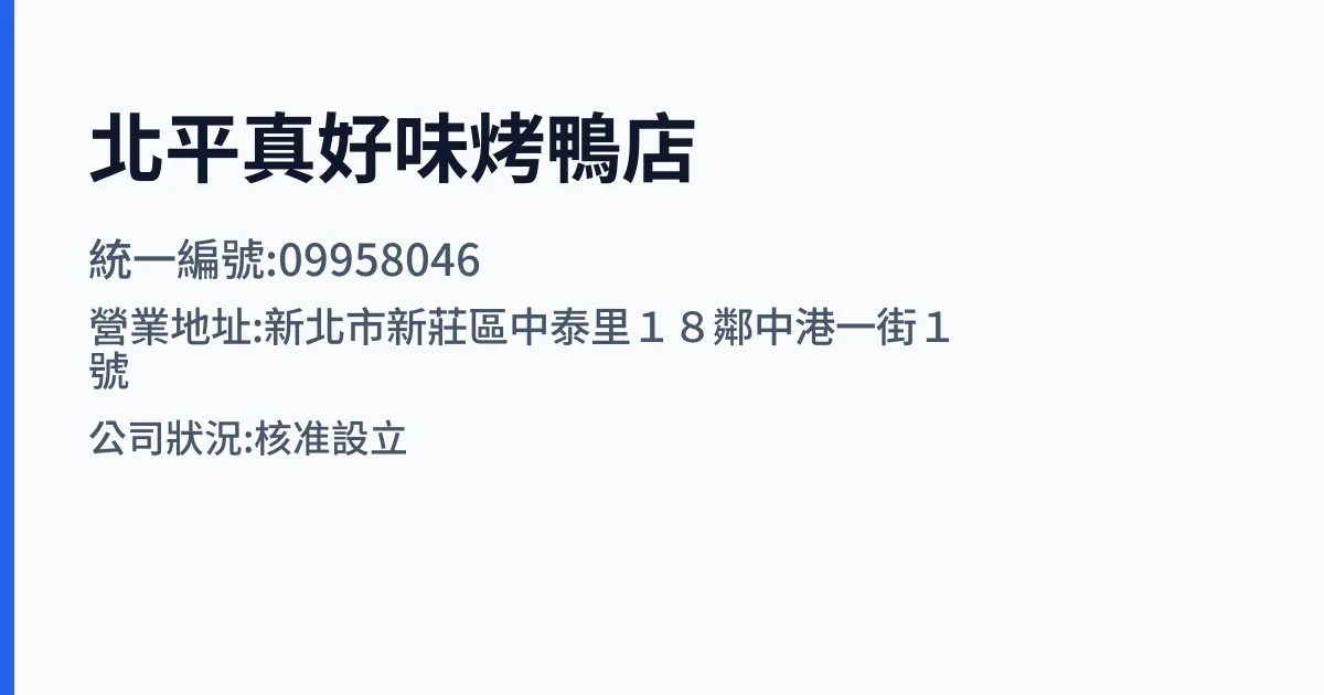 北平真好味烤鴨店 - 統編 09958046(新北市) 公司登記資料與營業項目詳細圖表