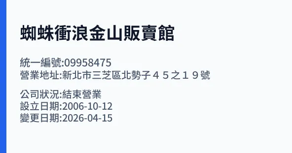 蜘蛛衝浪金山販賣館的照片-統編 09958475(新北市) 公司登記資料與營業項目詳細圖表