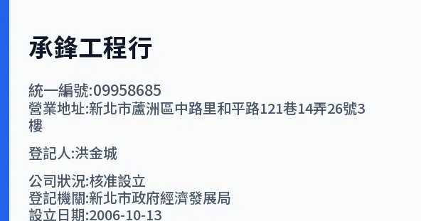 承鋒工程行的照片-統編 09958685(新北市) 公司登記資料與營業項目詳細圖表