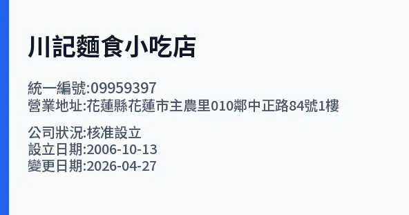 川記麵食小吃店的照片-統編 09959397(花蓮縣) 公司登記資料與營業項目詳細圖表