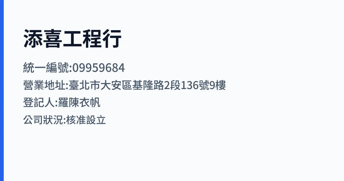 添喜工程行 - 統編 09959684(臺北市) 公司登記資料與營業項目詳細圖表