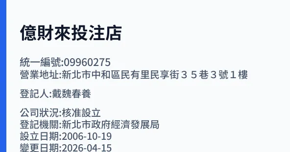 億財來投注店 - 統編 09960275(新北市) 公司登記資料與營業項目詳細圖表