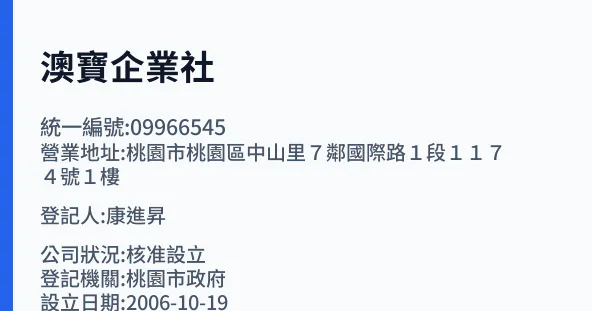 澳寶企業社的照片-統編 09966545(桃園市) 公司登記資料與營業項目詳細圖表
