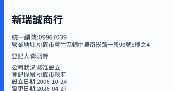 新瑞誠商行的照片-統編 09967039(桃園市) 公司登記資料與營業項目詳細圖表