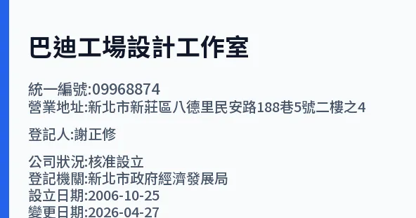 巴迪工場設計工作室的照片-統編 09968874(新北市) 公司登記資料與營業項目詳細圖表