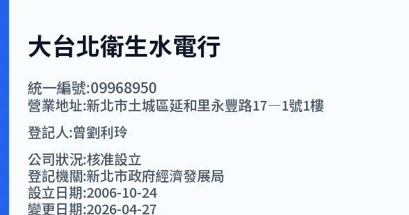 大台北衛生水電行的照片-統編 09968950(新北市) 公司登記資料與營業項目詳細圖表