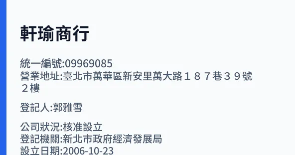 軒瑜商行的照片-統編 09969085(臺北市) 公司登記資料與營業項目詳細圖表