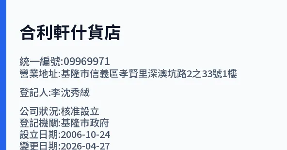 合利軒什貨店的照片-統編 09969971(基隆市) 公司登記資料與營業項目詳細圖表