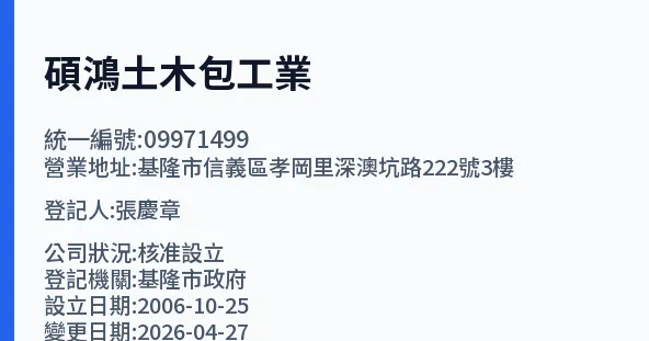 碩鴻土木包工業的照片-統編 09971499(基隆市) 公司登記資料與營業項目詳細圖表