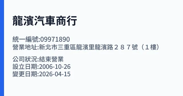 龍濱汽車商行的照片-統編 09971890(新北市) 公司登記資料與營業項目詳細圖表