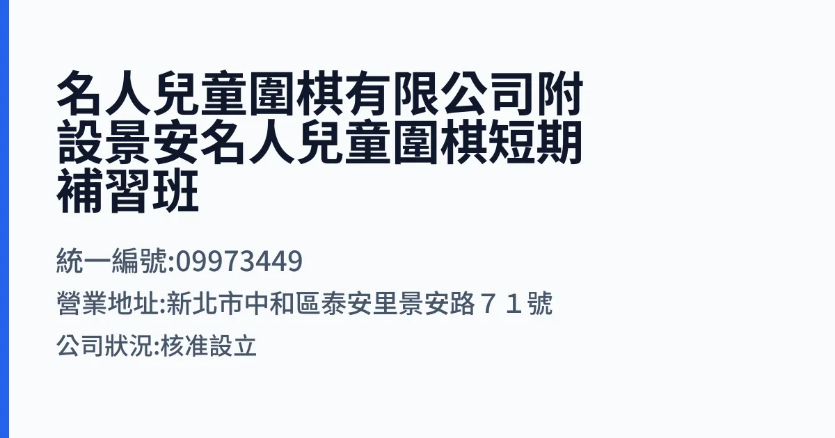 名人兒童圍棋有限公司附設景安名人兒童圍棋短期補習班 - 統編 09973449(新北市) 公司登記資料與營業項目詳細圖表