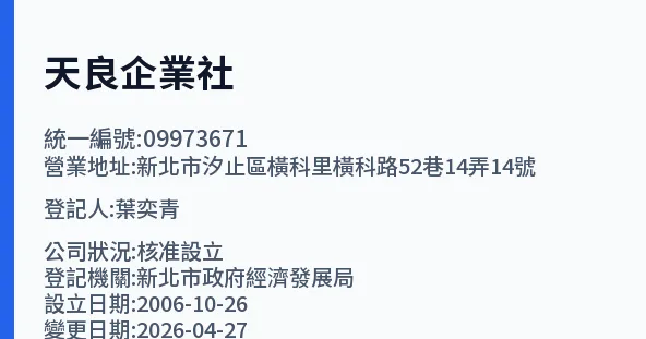 天良企業社的照片-統編 09973671(新北市) 公司登記資料與營業項目詳細圖表