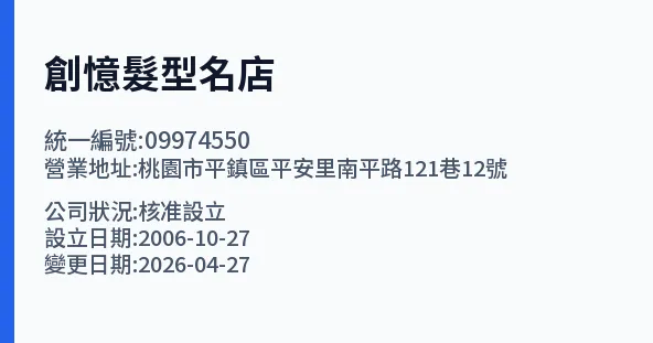 創憶髮型名店的照片-統編 09974550(桃園市) 公司登記資料與營業項目詳細圖表