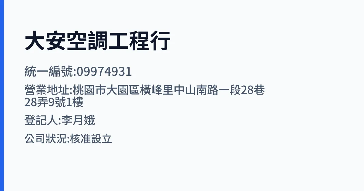 大安空調工程行 - 統編 09974931(桃園市) 公司登記資料與營業項目詳細圖表