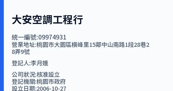 大安空調工程行的照片-統編 09974931(桃園市) 公司登記資料與營業項目詳細圖表