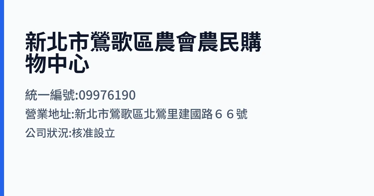 新北市鶯歌區農會農民購物中心 - 統編 09976190(新北市) 公司登記資料與營業項目詳細圖表